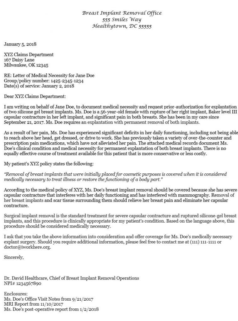 Breast Implant Removal Sample Letter of Medical Necessity - Breast ...